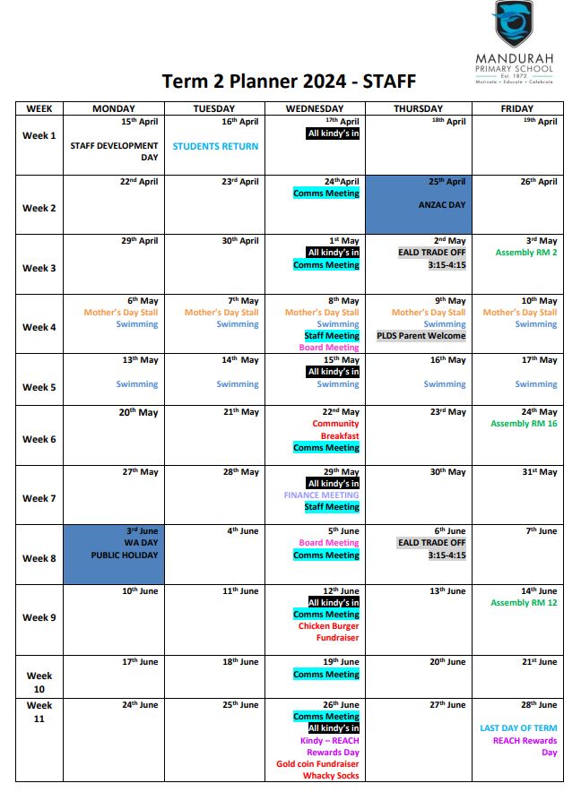 Term planners - Mandurah Primary School
